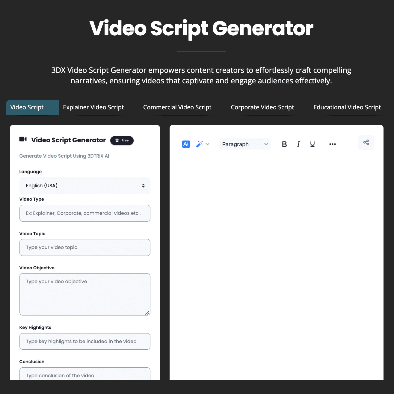 Free AI Video Script Generator: Craft Engaging Video Scripts | 3DX